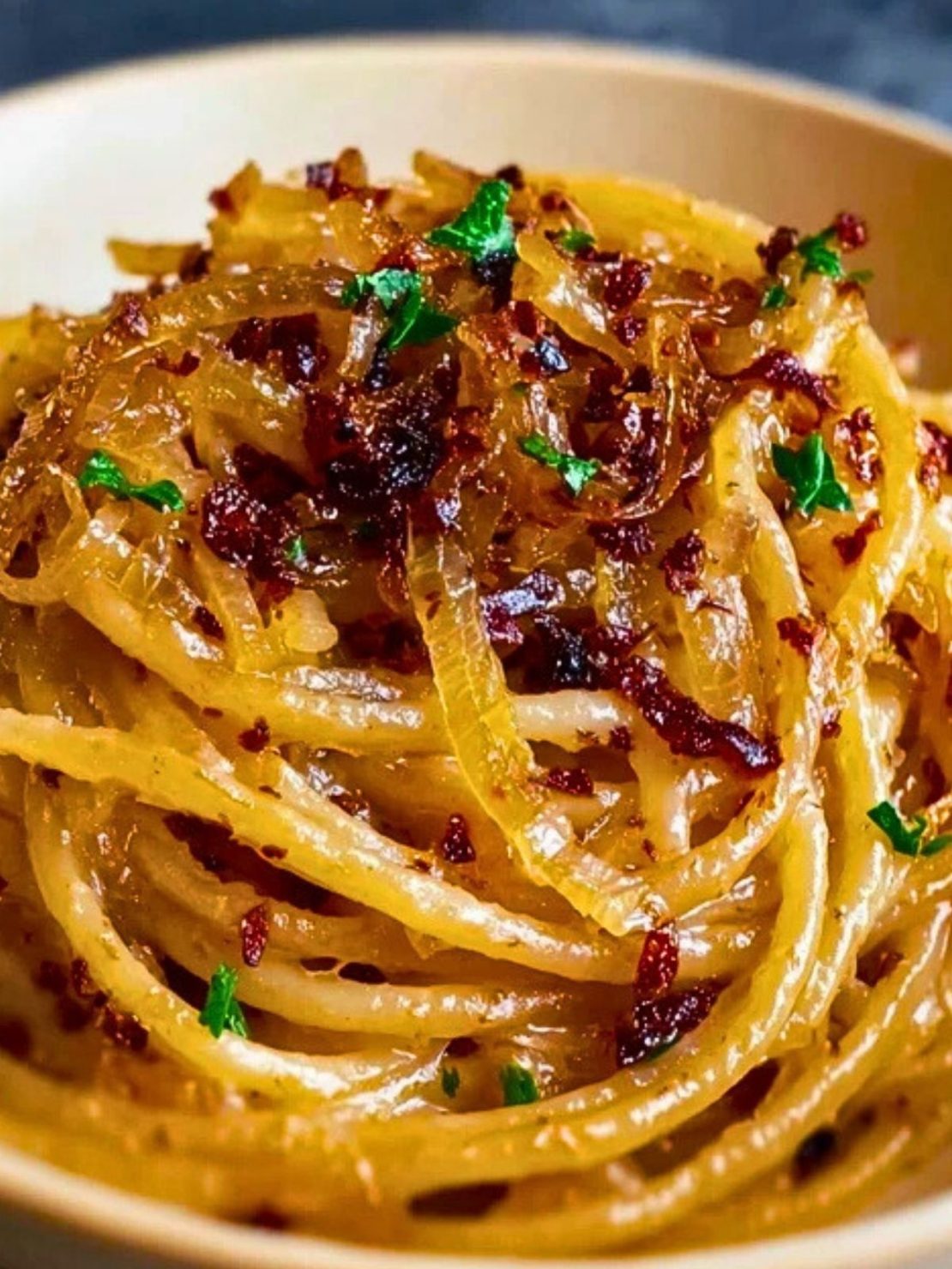 Caramelized Onion Pasta with Chilli Oil