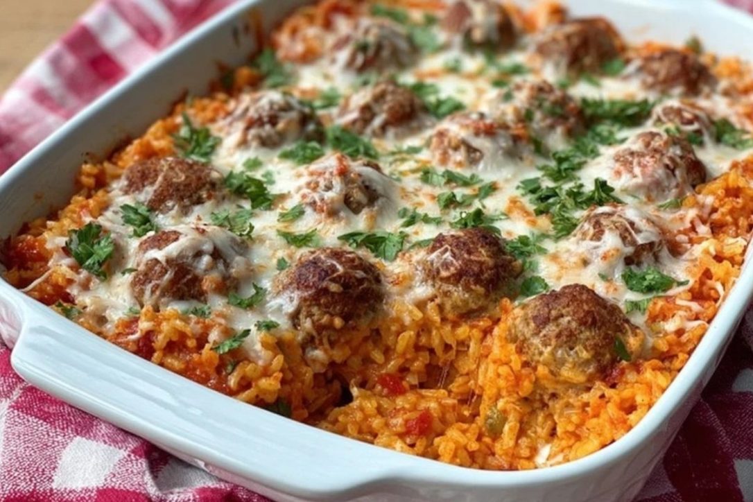 Easy Cheesy Meatball & Rice Dinner Casserole